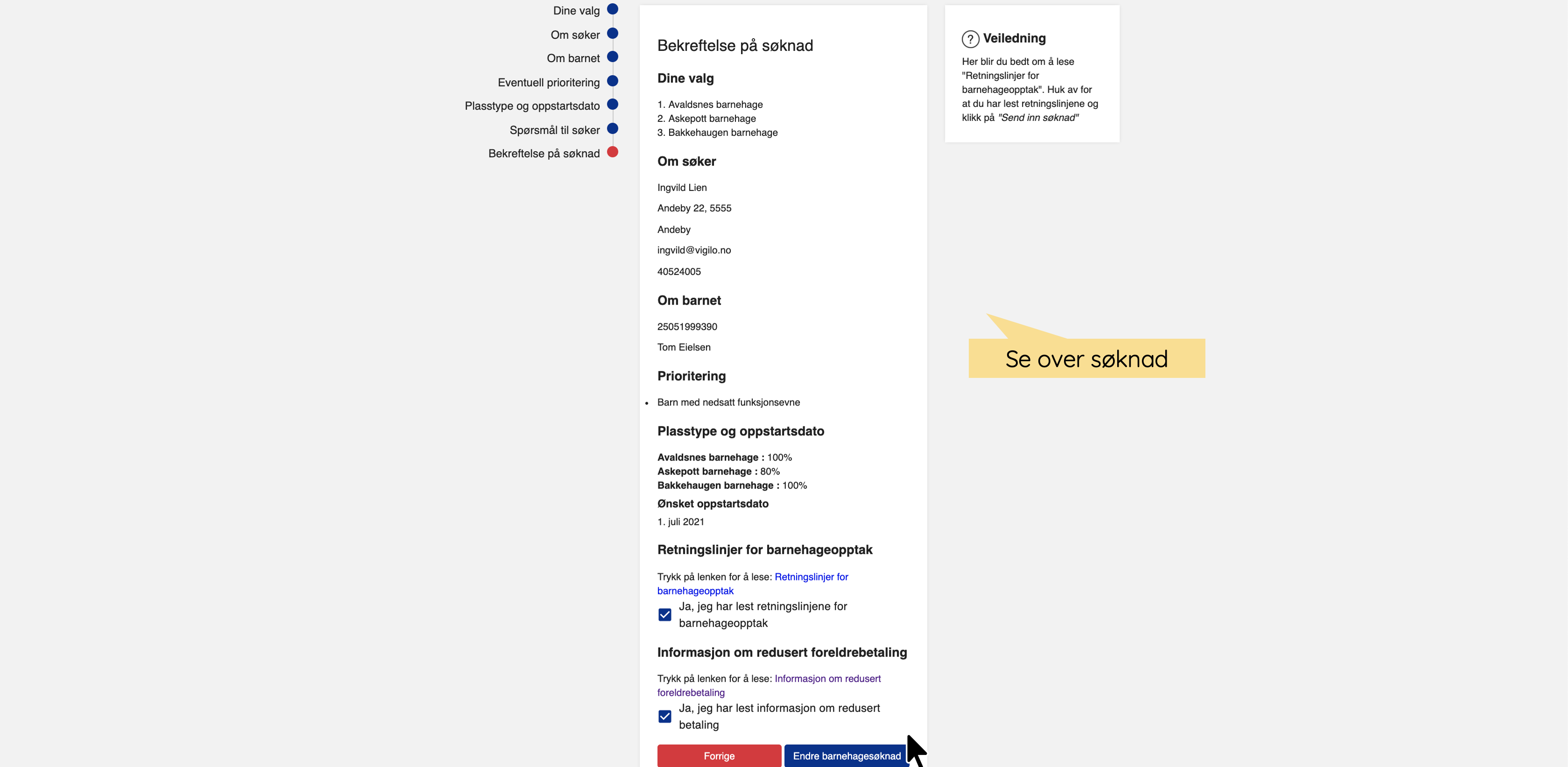 Rediger barnehagesøknad – Vigilo Barnehage